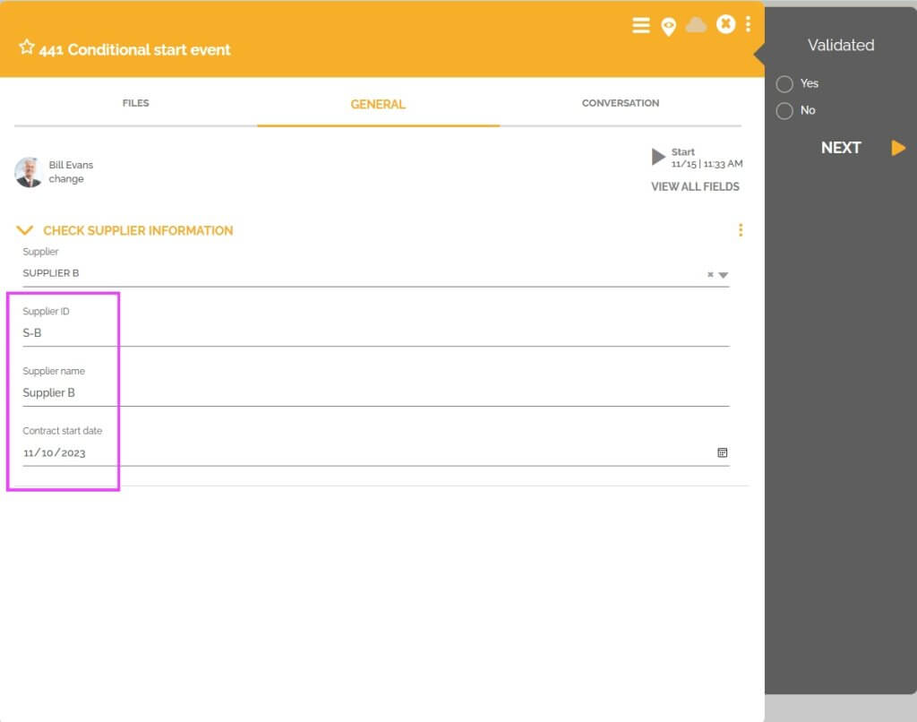 Evento de início de condição
