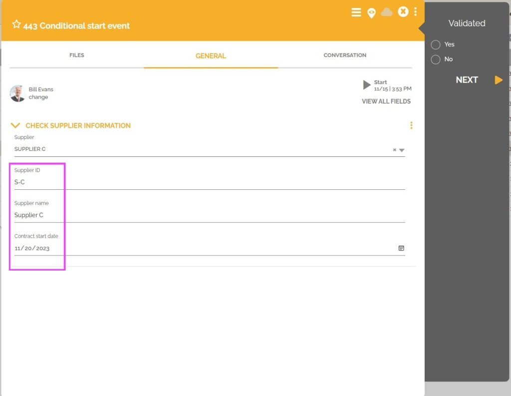 Evento de início de condição