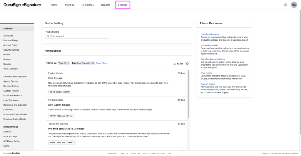 Configurar a integração DocuSign